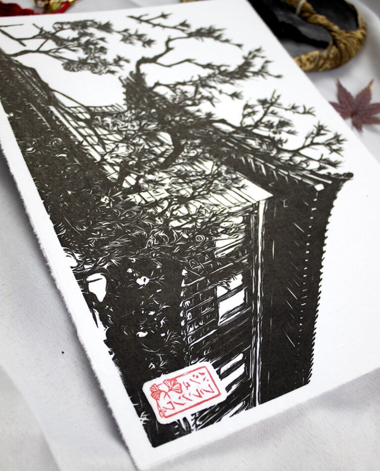 Linocut of a ryokan in Miyajima | Japanese Linocut