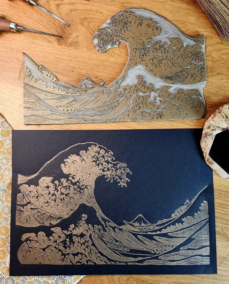 Linocut of the Great Wave of Kanagawa gold version | Japanese Linocut