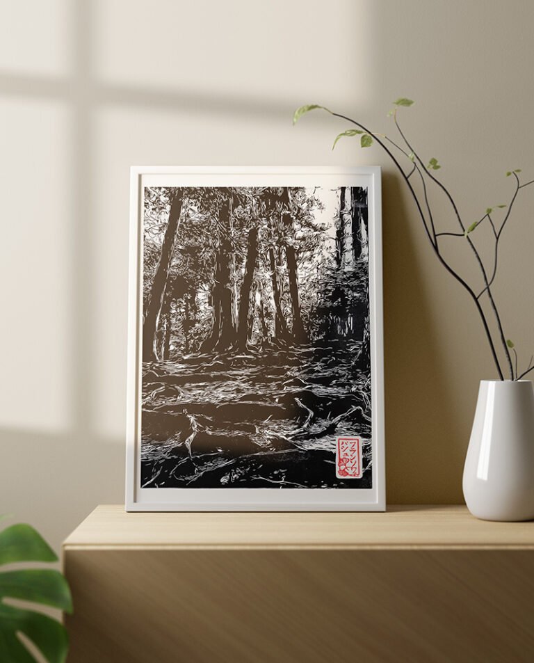 Linocut of a Kurama forest with a thousand roots | Japanese Linocut