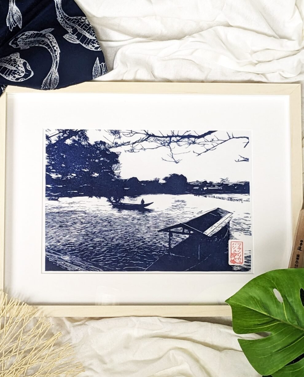 Linocut of the Katsura river in Arashiyama | Japanese Linocut