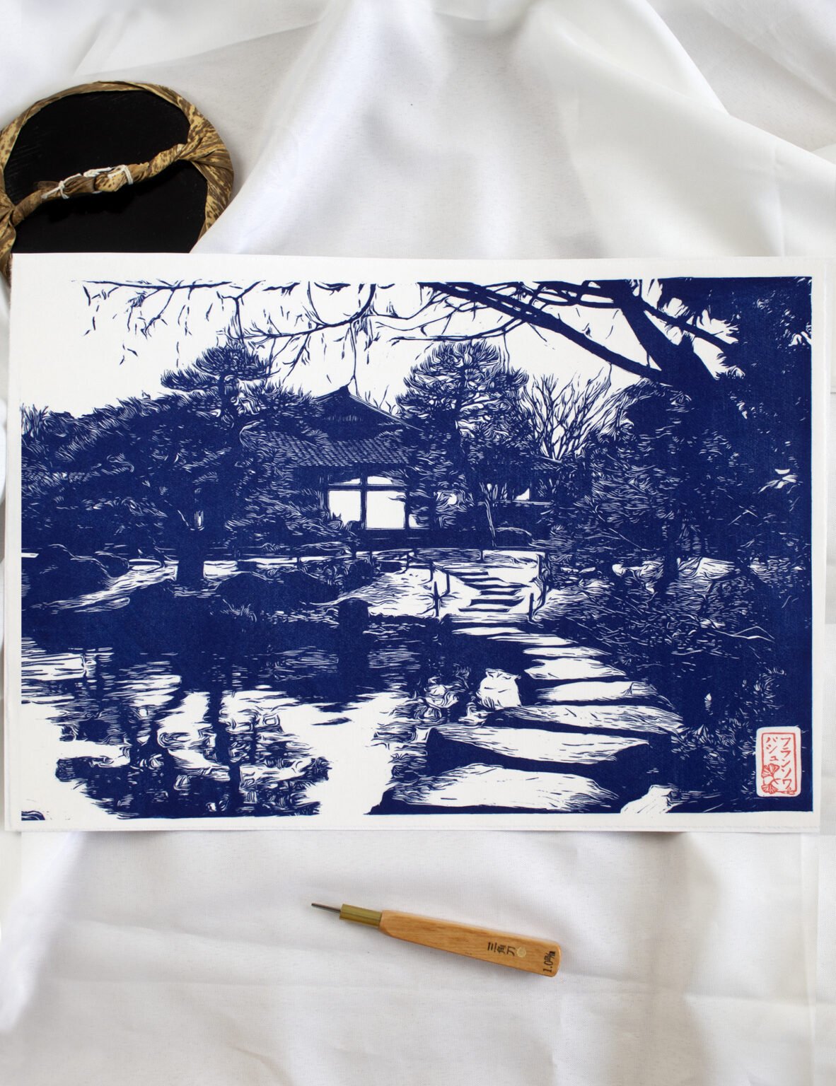 Handmade Japanese linocut of Himeji's Koko-en garden | Japanese Linocut