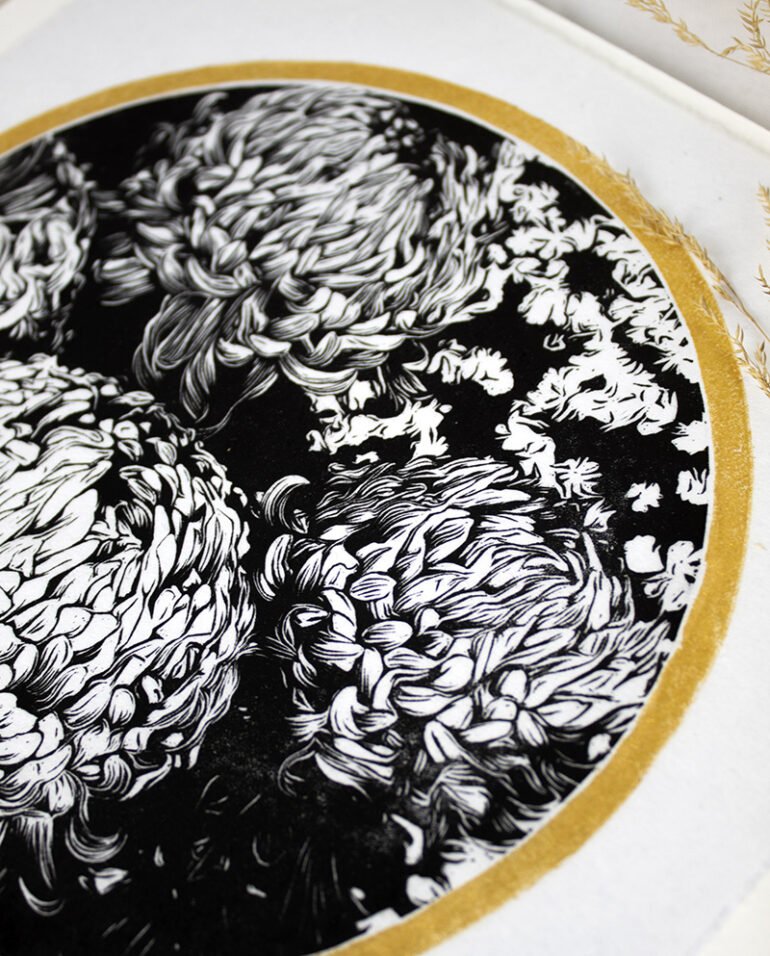 Japanese Chrysanthemum Linocut handmade | Japanese Linocut