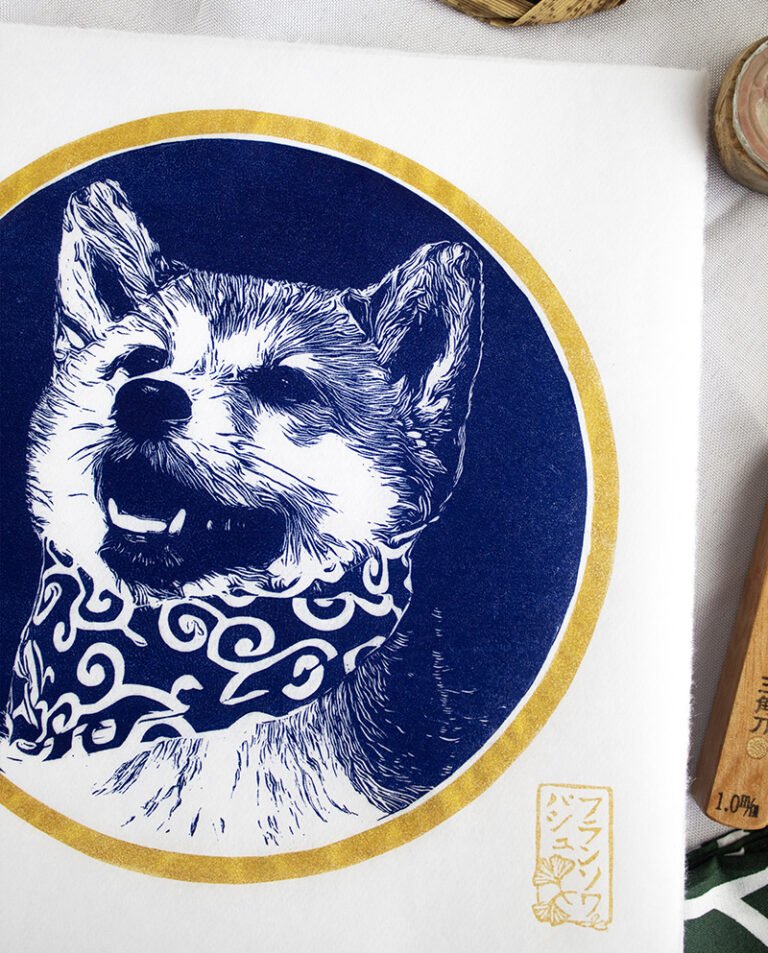 Linocut of a Japanese Shiba inu dog | Japanese Linocut